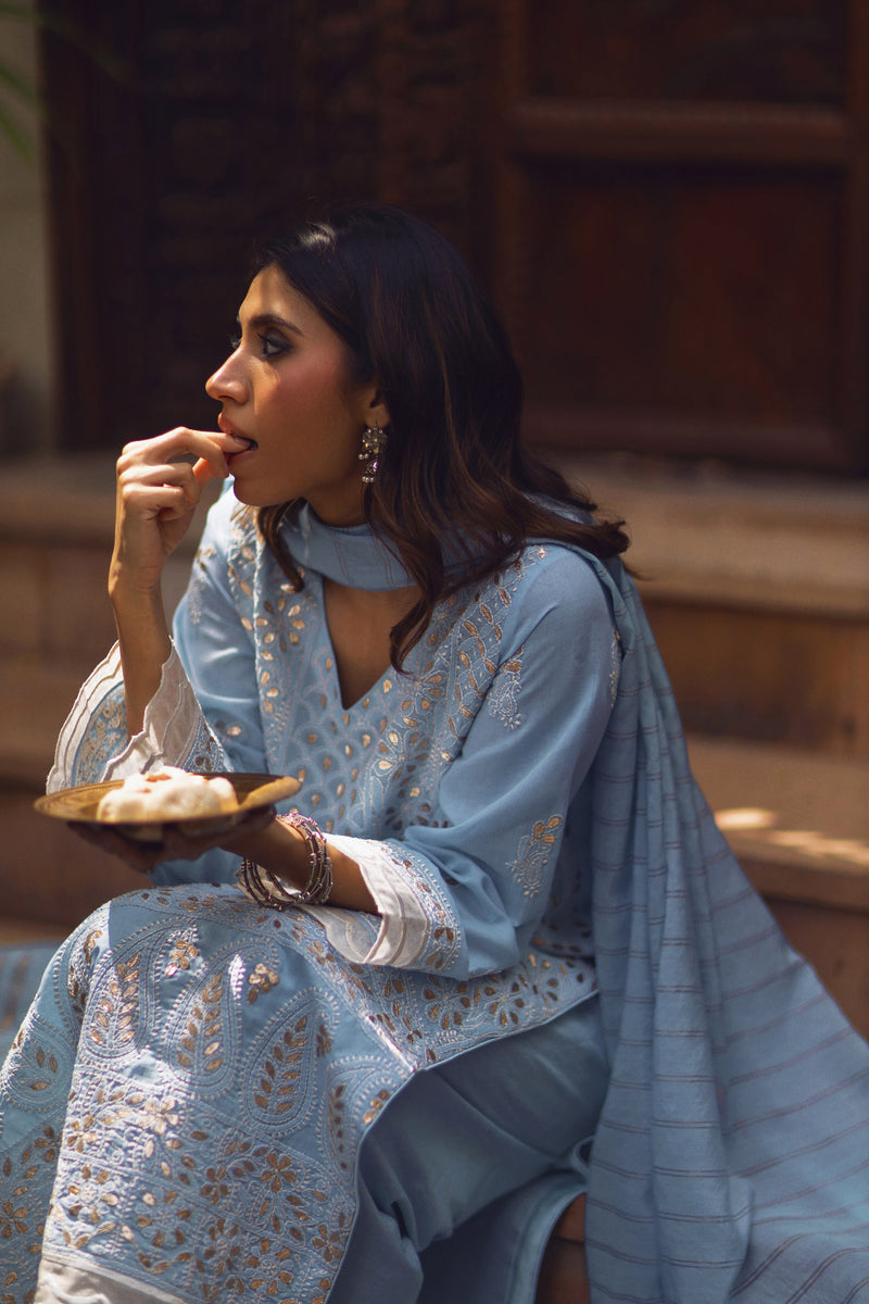 Blue Chikankari & Gota Shirt & Dupatta – Aafrinish by Niazi
