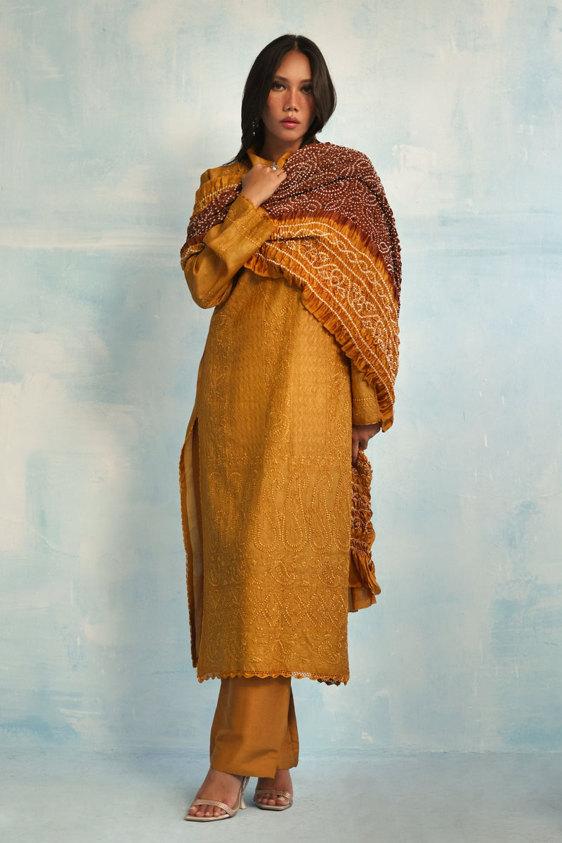 Deep Coffee and Golden Ochre Chundri Dupatta – Aafrinish by Niazi