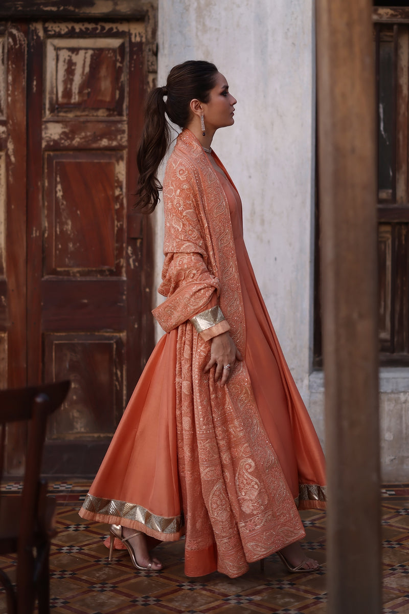 Burnt Orange Chikankari Chaadar & Peshwaz – Aafrinish by Niazi