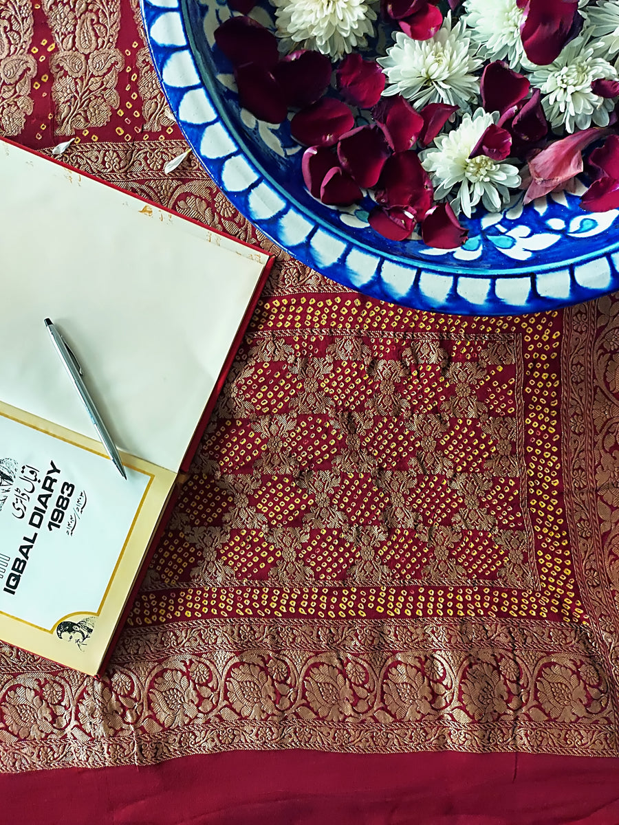 Crimson Red Kutchi Chundri Saree – Aafrinish by Niazi